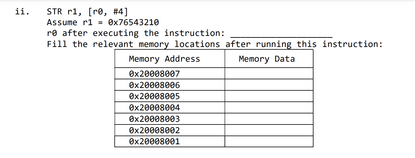 Solved ii. STR ri, [ro, #4] Assume r1 = Ox76543210 ro after | Chegg.com
