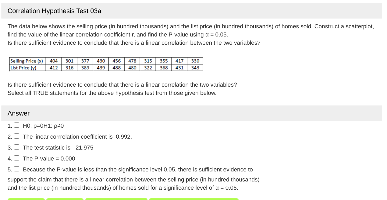Solved Correlation Hypothesis Test 03a The data below shows | Chegg.com