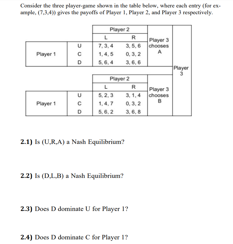 Consider the three player-game shown in the table | Chegg.com