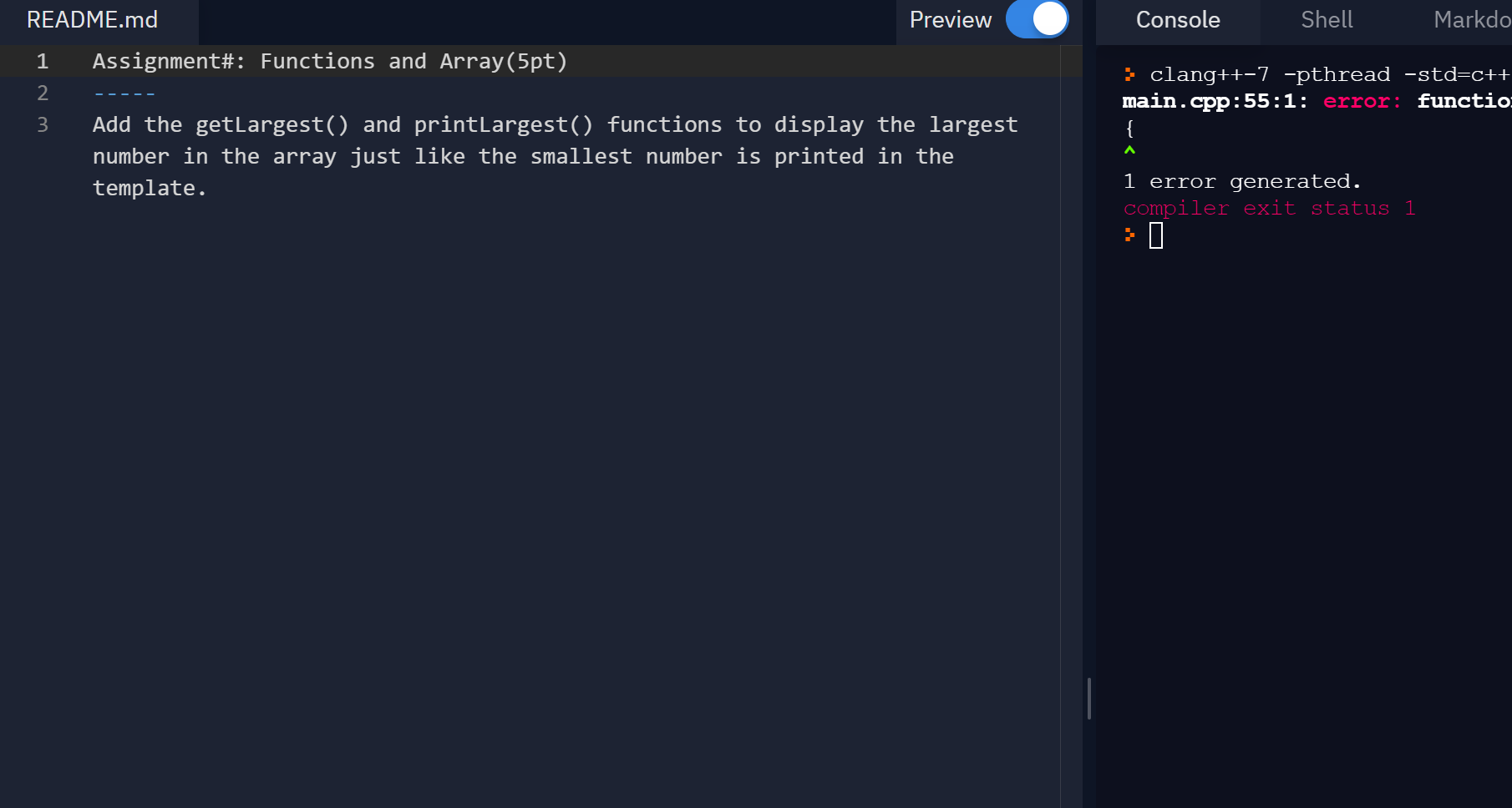 Solved README.md Preview Console Shell Markdo 1 Assignment#: | Chegg.com