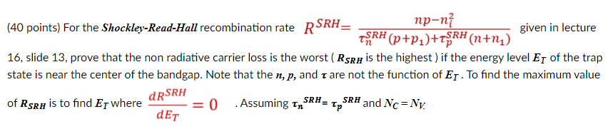 np-n? (40 points) For the Shockley-Read-Hall | Chegg.com