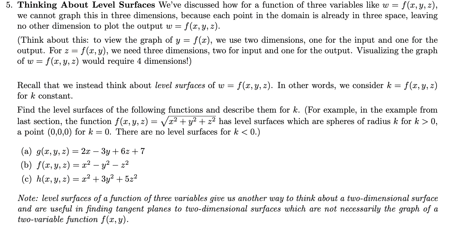 Solved 5. Thinking About Level Surfaces We've discussed how | Chegg.com