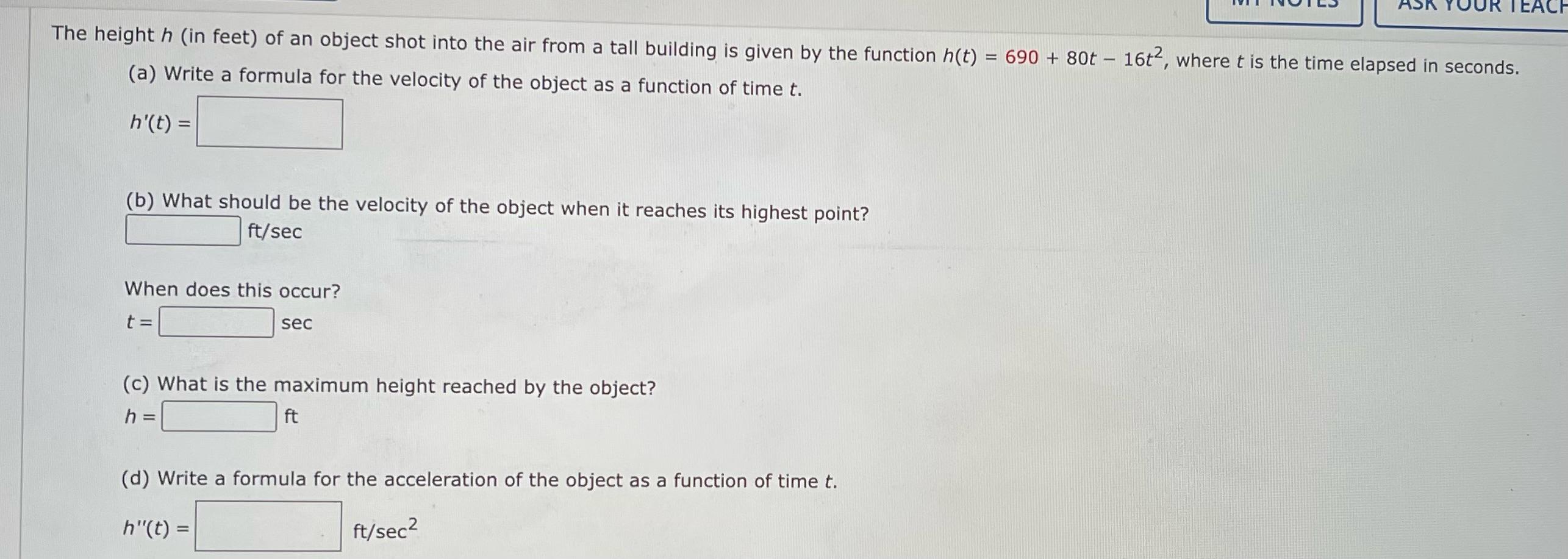 Solved The height h (in feet) of an object shot into the air | Chegg.com