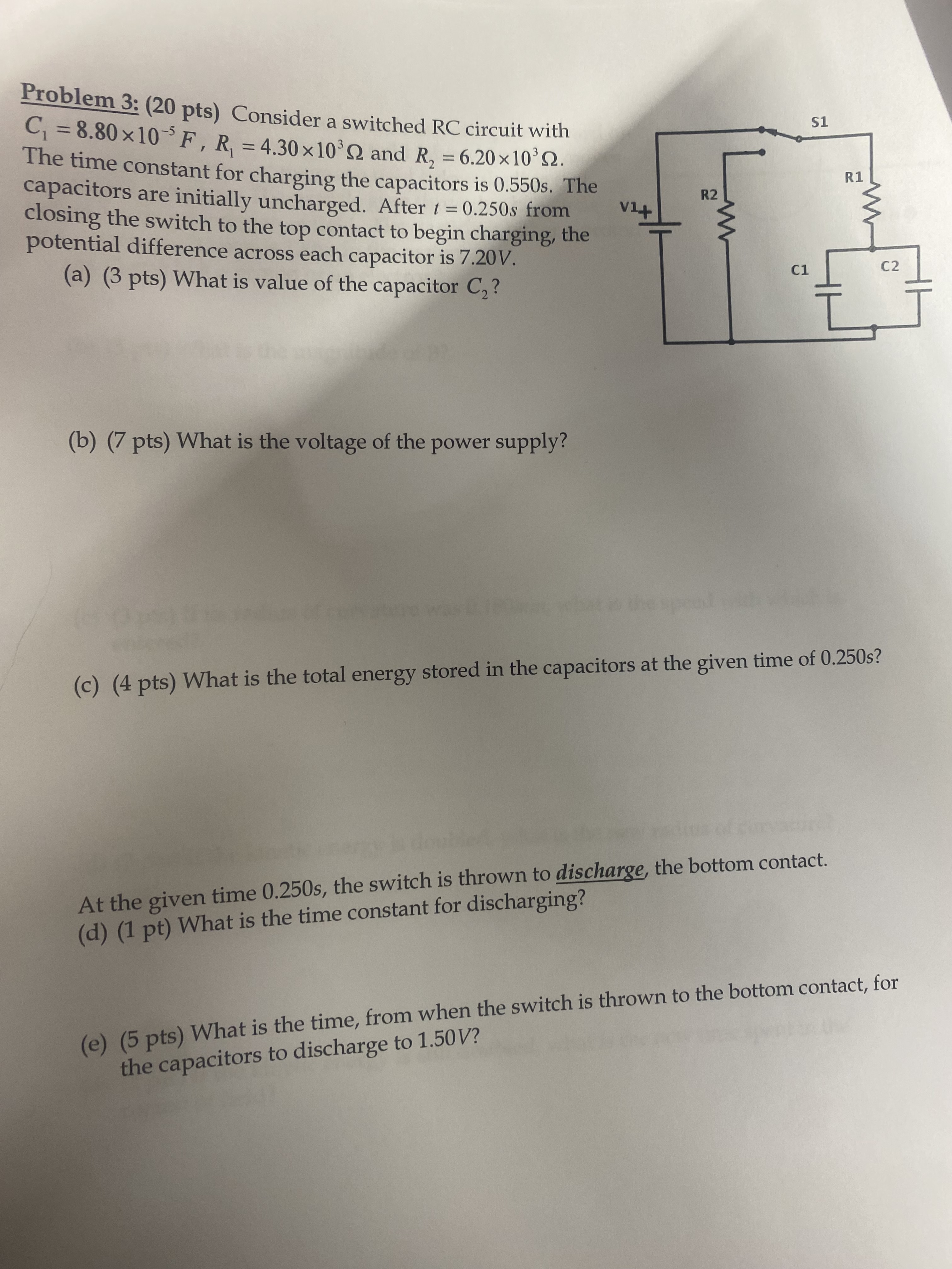 Solved Problem 3: (20 pts) Consider a switched RC circuit | Chegg.com