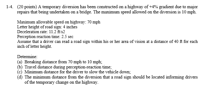 Solved 1-4. (20 points) A temporary diversion has been | Chegg.com