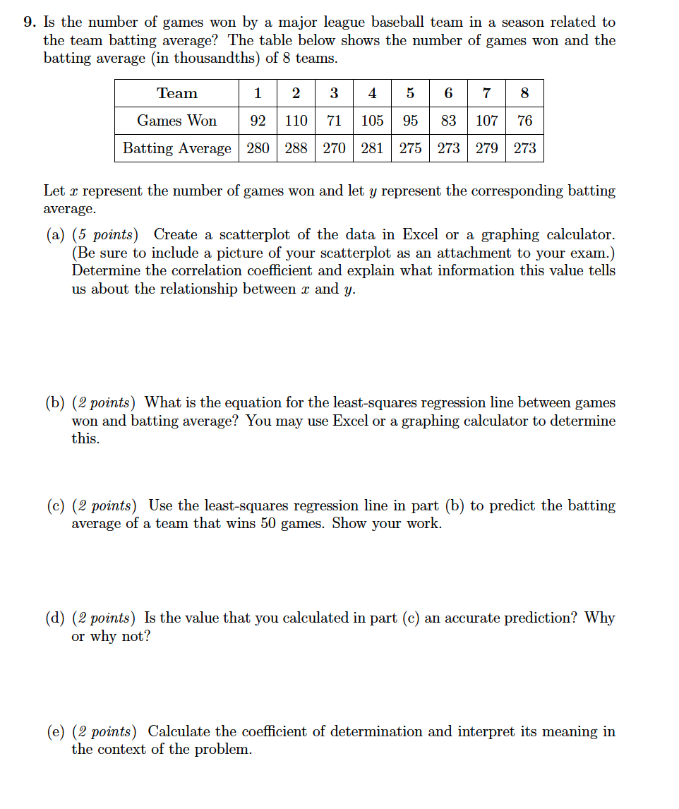 Solved 9. Is the number of games won by a major league | Chegg.com