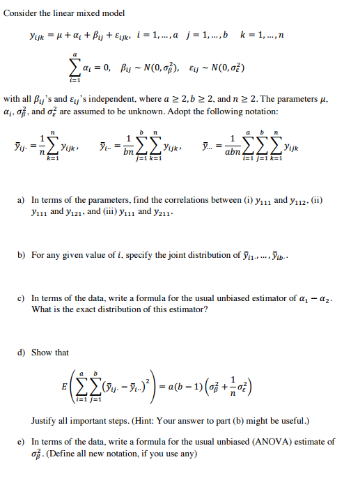 Solved Consider the linear mixed model | Chegg.com