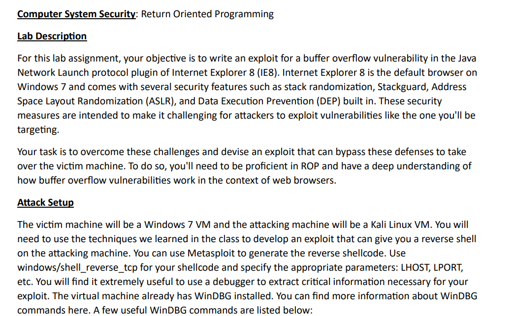 Solved Computer System Security: Return Oriented Programming | Chegg.com