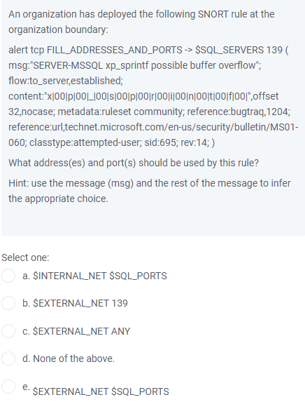 Solved An organization has deployed the following SNORT rule | Chegg.com