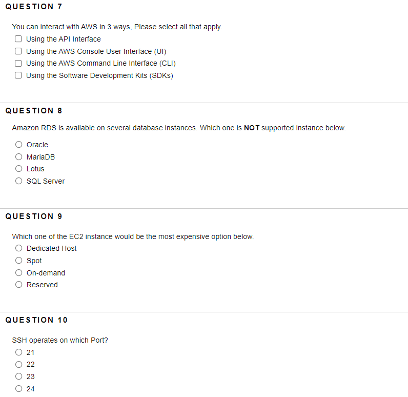 Solved QUESTION 7 You can interact with AWS in 3 ways, | Chegg.com