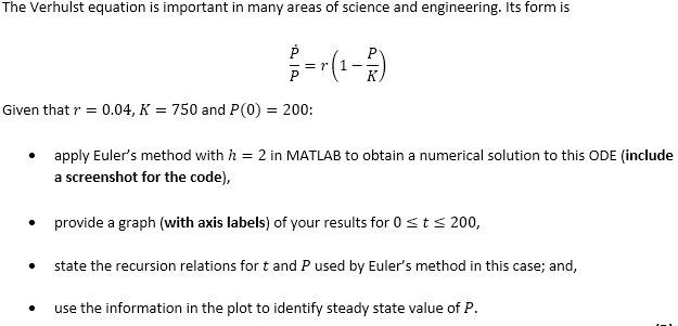 Solved The Verhulst equation is important in many areas of | Chegg.com