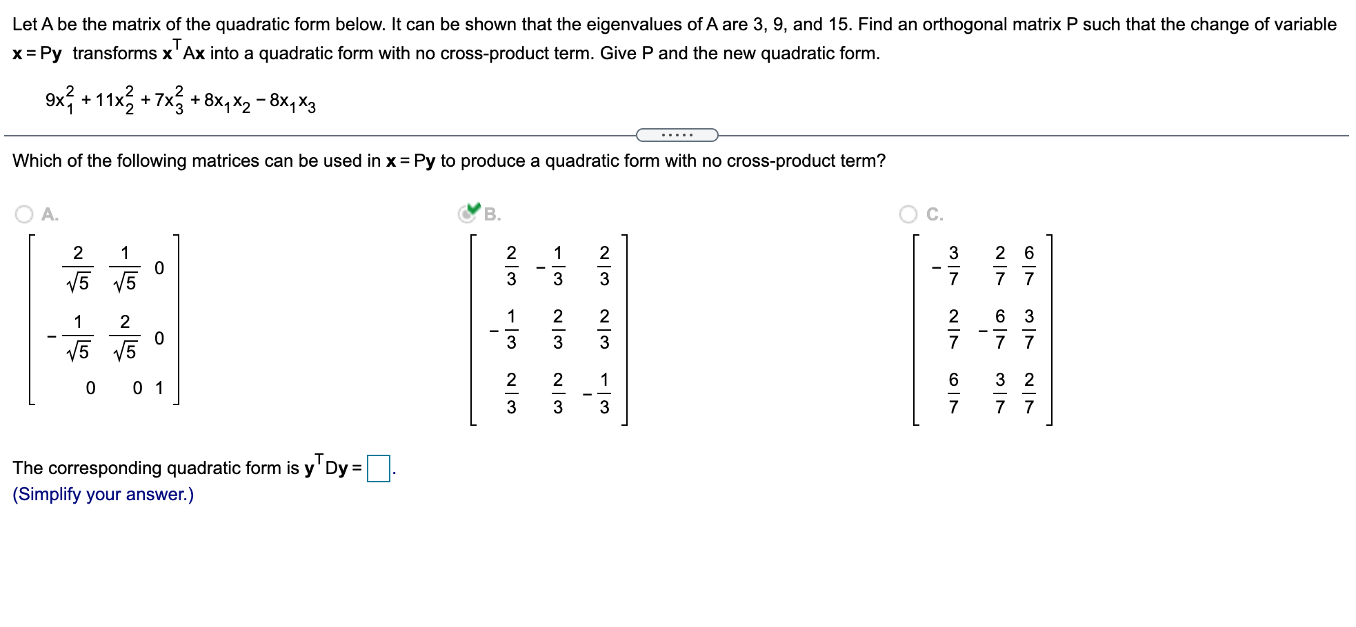 Solved Let A Be The Matrix Of The Quadratic Form Below It Chegg