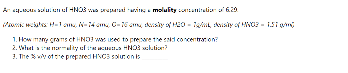 Solved An aqueous solution of HNO3 was prepared having a | Chegg.com