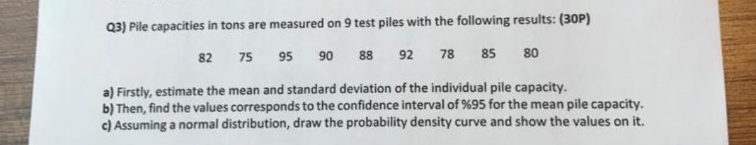 Solved Q3) Pile capacities in tons are measured on 9 test | Chegg.com