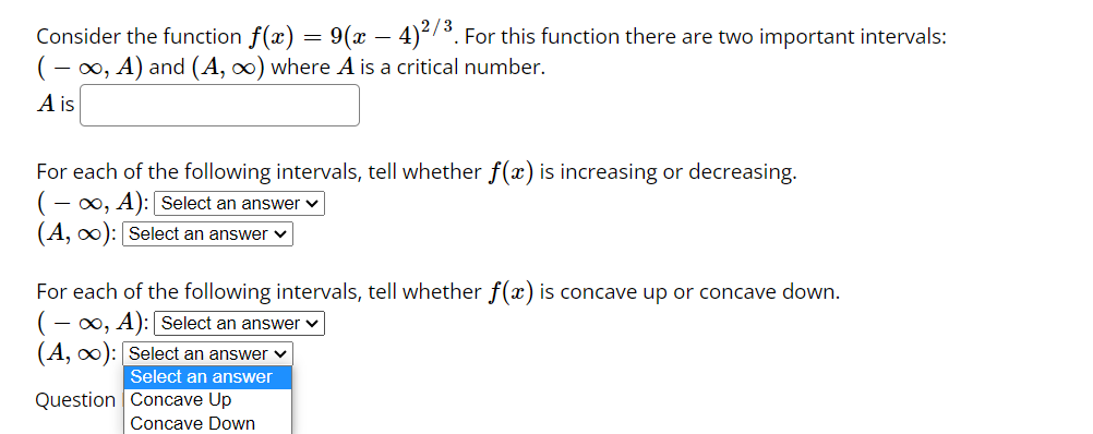 Solved Consider the function f(x)=9(x−4)2/3. For this | Chegg.com