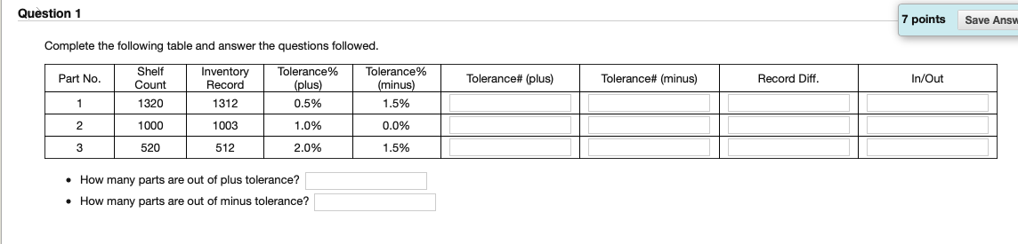 Solved Question 1 7 points Save Answ Complete the following | Chegg.com