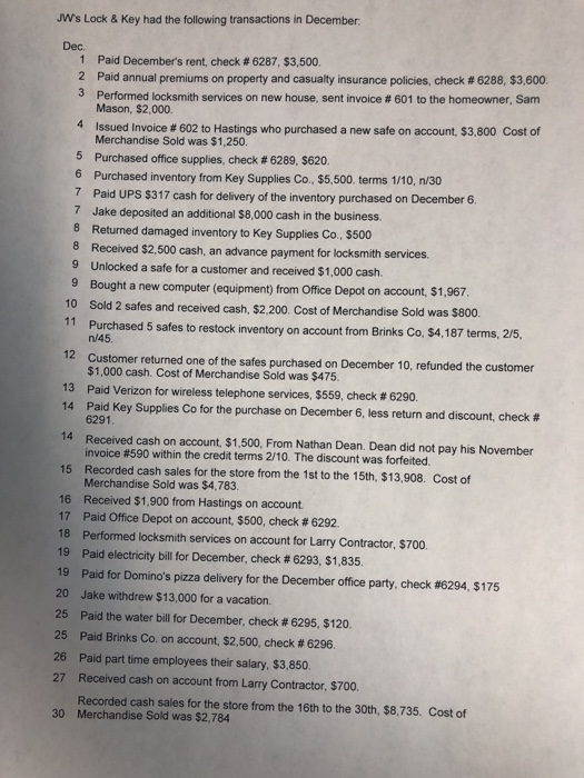 JWs Lock & Key had the following transactions in | Chegg.com