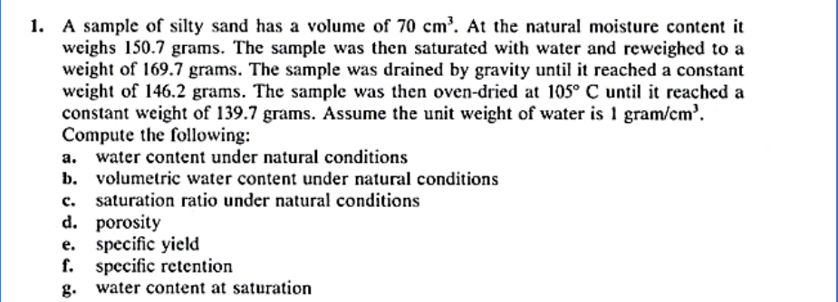 Solved 1. A sample of silty sand has a volume of 70 cm3. At | Chegg.com