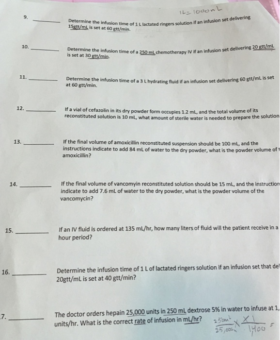 ルニ1000 n 9. Determine the infusion time of 1 L | Chegg.com