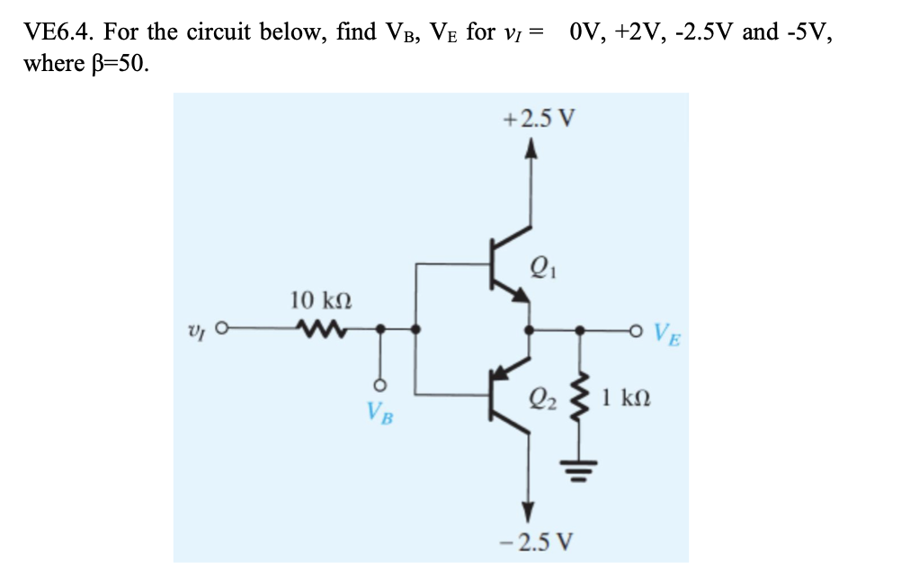 Solved VE6.4. For the circuit below, find VB, VE for vi = | Chegg.com