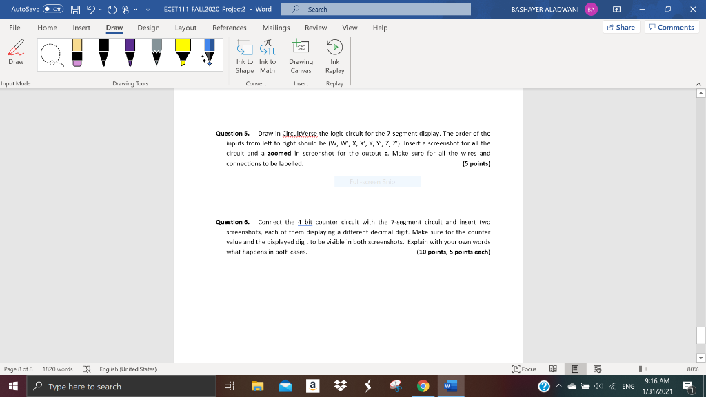 Solved AutoSave OOH OH HUB ECET111_FALL2020_Project2 - Word | Chegg.com