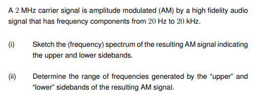 Solved A 2 MHz carrier signal is amplitude modulated (AM) by | Chegg.com