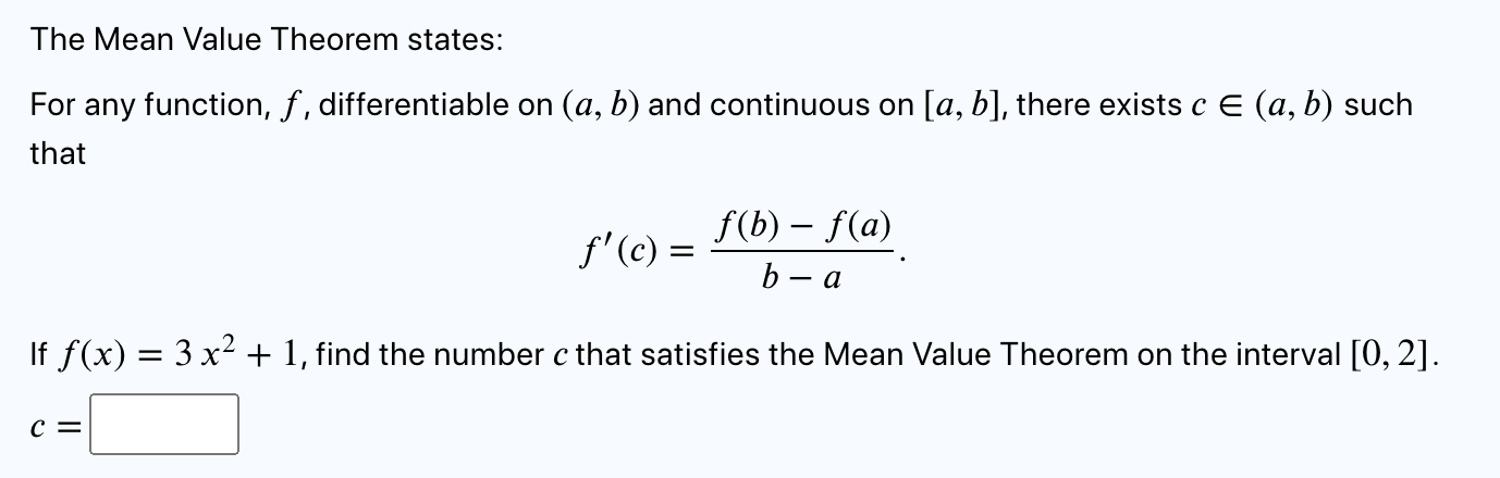 Solved The Mean Value Theorem states: For any function, f, | Chegg.com