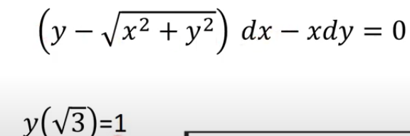 Solved (y-Vx2 + y2) dx – xdy = 0 y(V3)=1 | Chegg.com