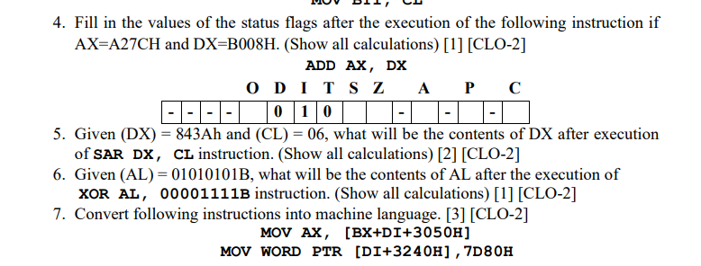 Solved 4. Fill in the values of the status flags after the | Chegg.com