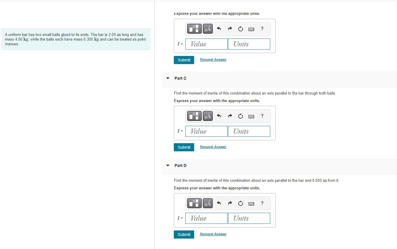 Solved A uniform bar has two small balls glued to its ends. | Chegg.com