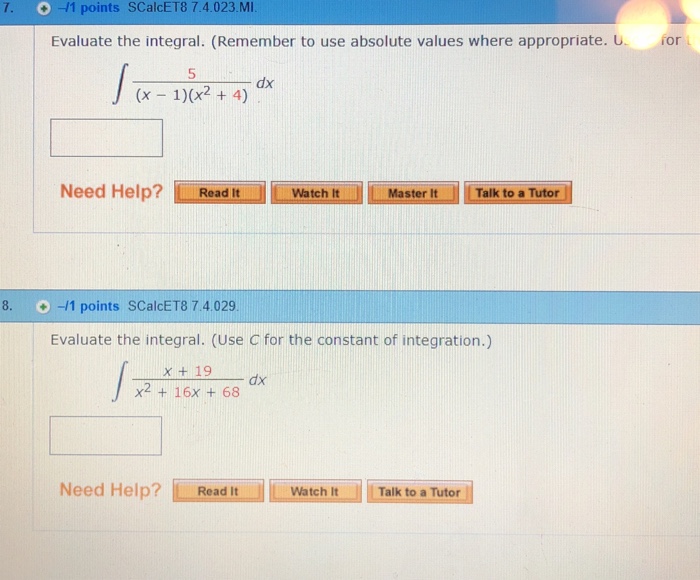 Solved 7. O -11 points SCalcET8 7.4.023.MI Evaluate the | Chegg.com Solved 7. O -11 points SCalcET8 7.4.023.MI Evaluate the | Chegg.com