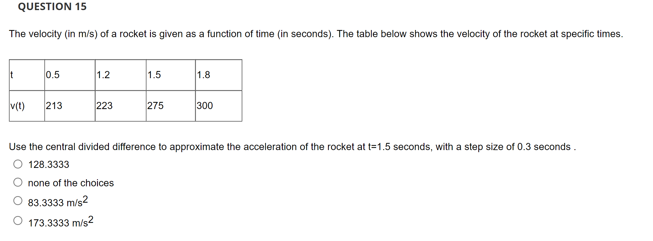 Solved QUESTION 15 The velocity (in m/s) of a rocket is | Chegg.com