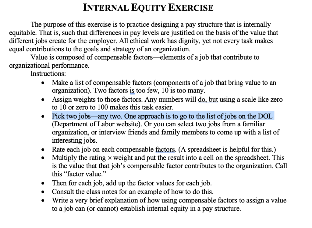 INTERNAL EQUITY EXERCISE . The purpose of this | Chegg.com