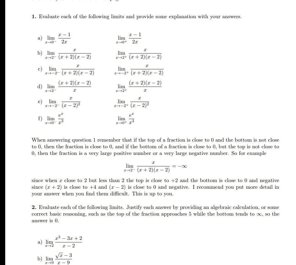 Solved 1. Evaluate each of the following limits and provide | Chegg.com