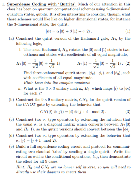 H211) = +ş 10) - T3,1). (2) 1. Superdense Coding with | Chegg.com