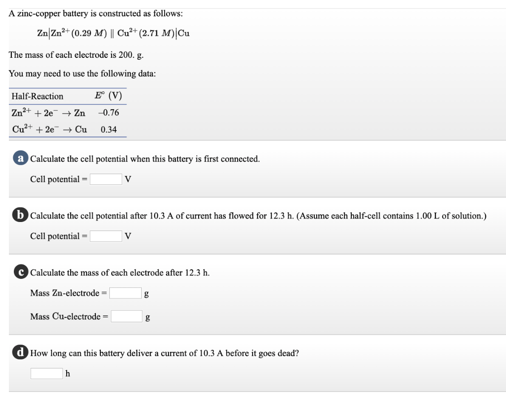 Solved A zinc-copper battery is constructed as follows: Zn | Chegg.com