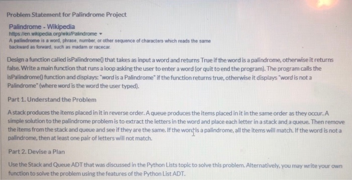Solved Problem Statement for Palindrome Project Palindrome - | Chegg.com