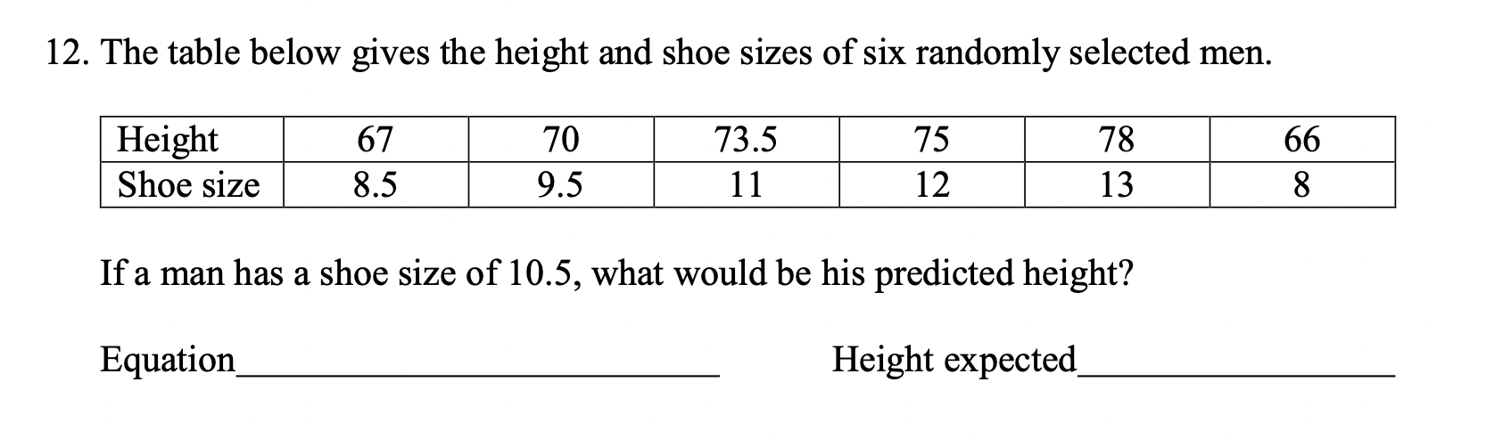 Solved 2. The table below gives the height and shoe sizes of | Chegg.com