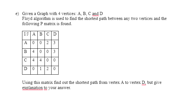 Solved e) Given a Graph with 4 vertices: A, B, C and D Floyd | Chegg.com