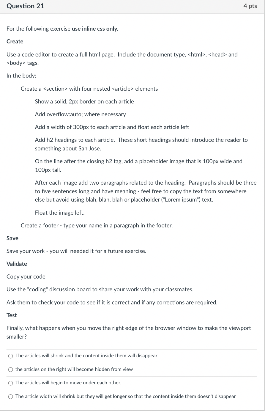 Question 21 4 pts For the following exercise use | Chegg.com