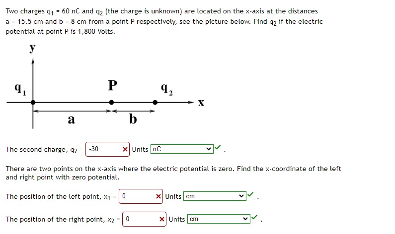 Solved Two charges q1=60nC and q2 (the charge is unknown) | Chegg.com