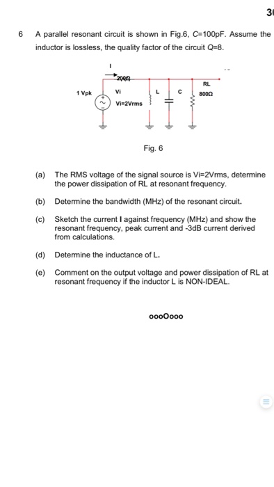Solved 30 A parallel resonant circuit is shown in Fig.6. | Chegg.com