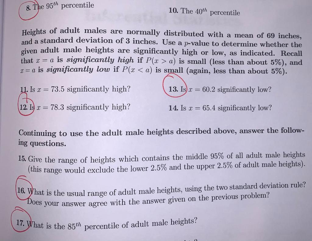Solved 8. The 95th percentile 10. The 40th percentile | Chegg.com