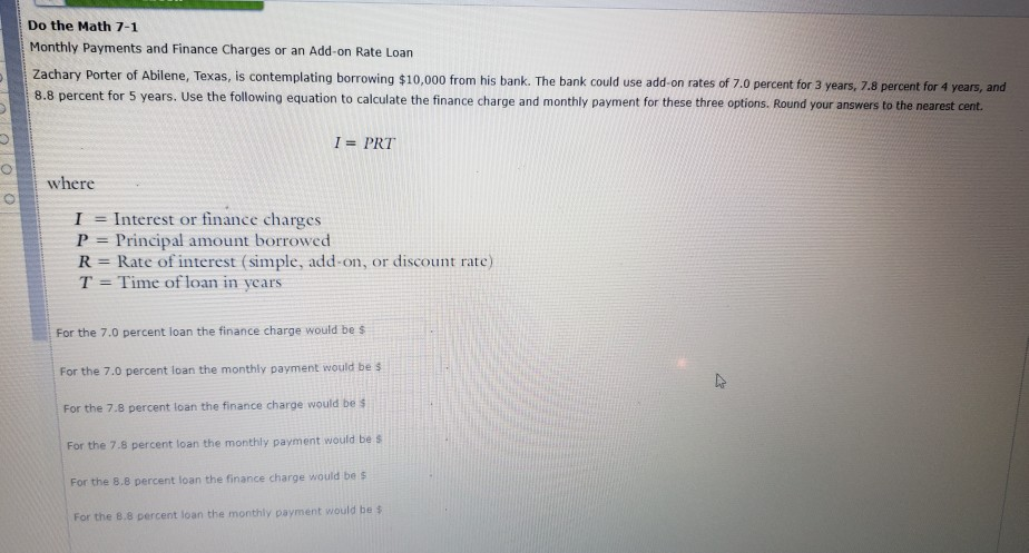 Solved Do the Math 7-1 Monthly Payments and Finance Charges | Chegg.com