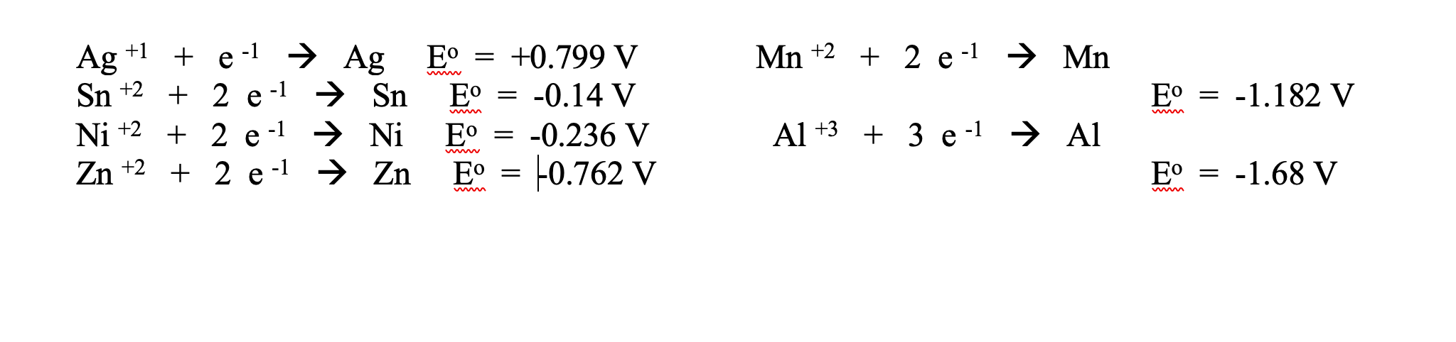 Solved Calculate Eocell for the following reactions, using | Chegg.com