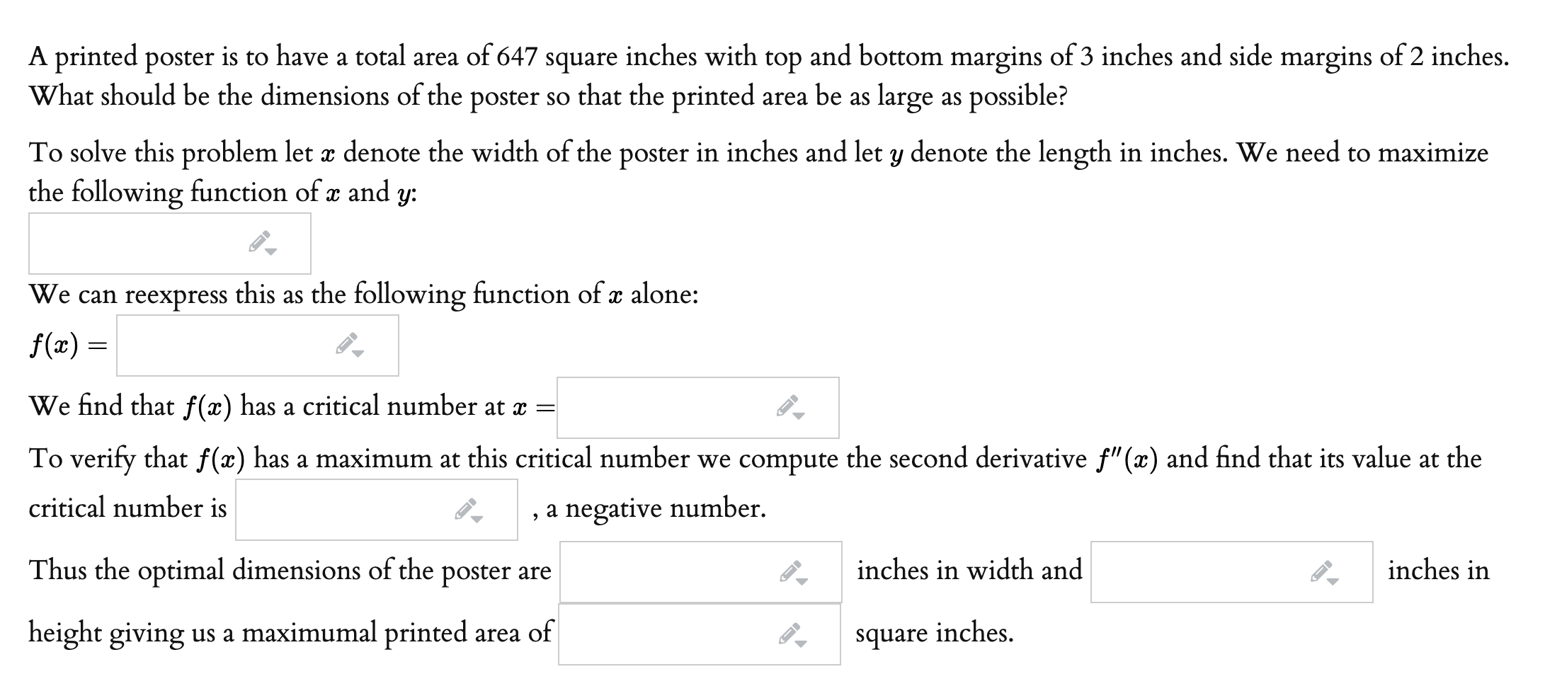 Solved A printed poster is to have a total area of 647 | Chegg.com