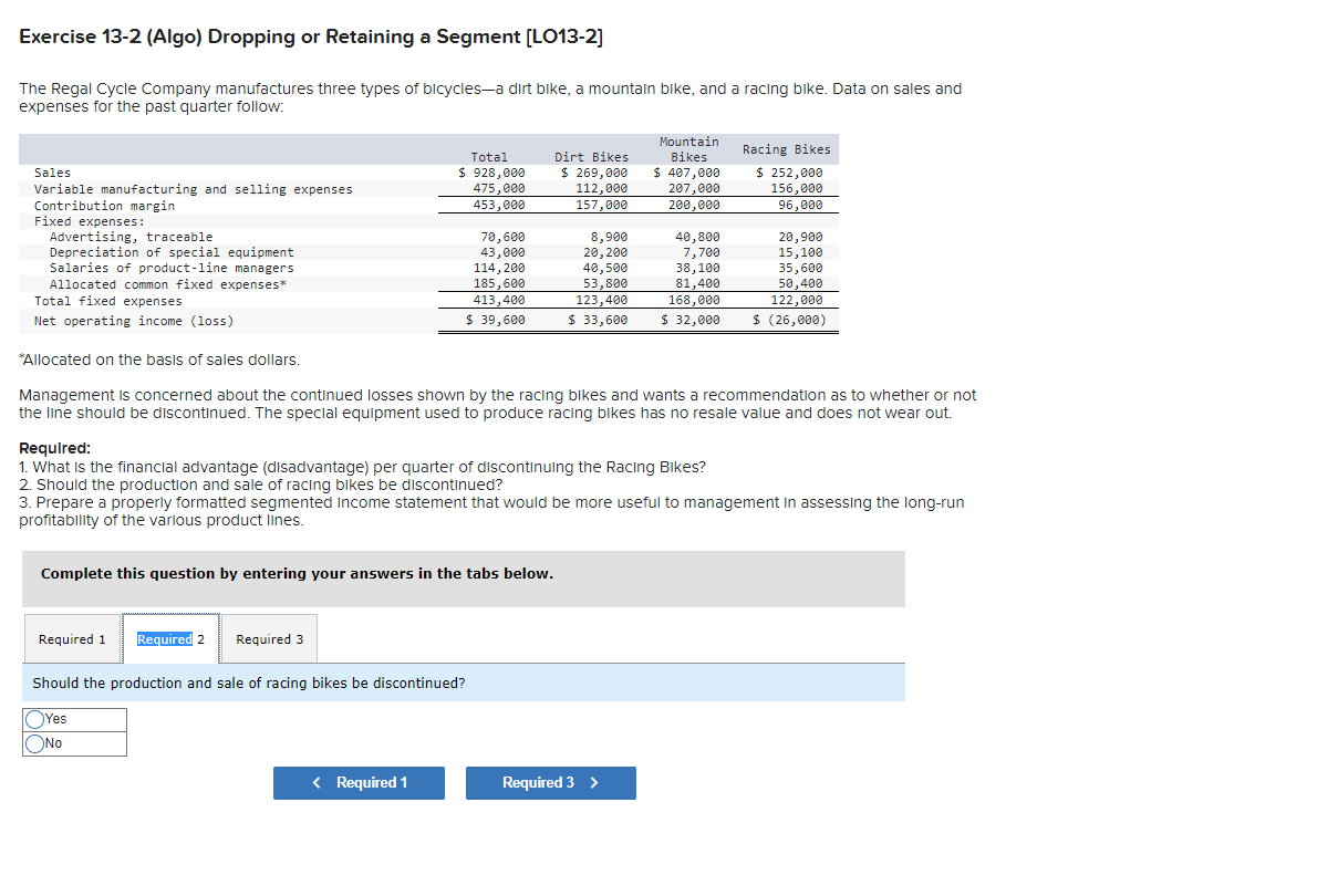 Solved Exercise 13-2 (Algo) Dropping or Retaining a Segment | Chegg.com