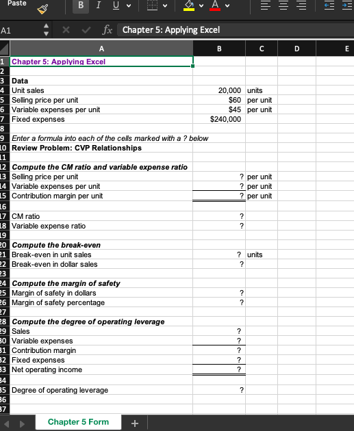 Solved Paste A1 x fx Chapter 5: Applying Excel Chapter 5: | Chegg.com Solved Paste A1 x fx Chapter 5: Applying Excel Chapter 5: | Chegg.com