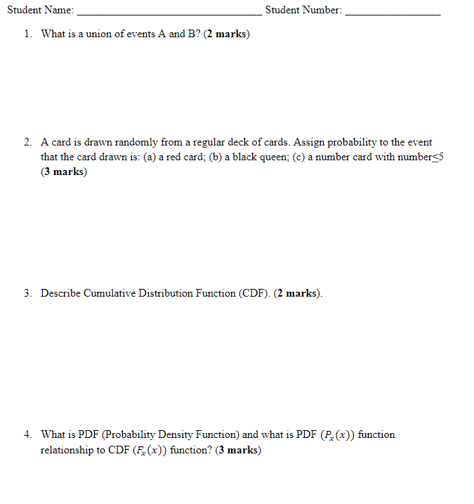 Solved tudent Name: Student Number: 1. What is a union of | Chegg.com