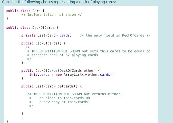Consider the following classes representing a deck of | Chegg.com